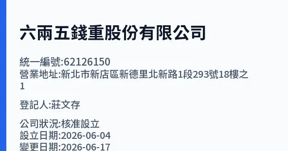 六兩五錢重股份有限公司的照片-統編 62126150(新北市) 公司登記資料與營業項目詳細圖表