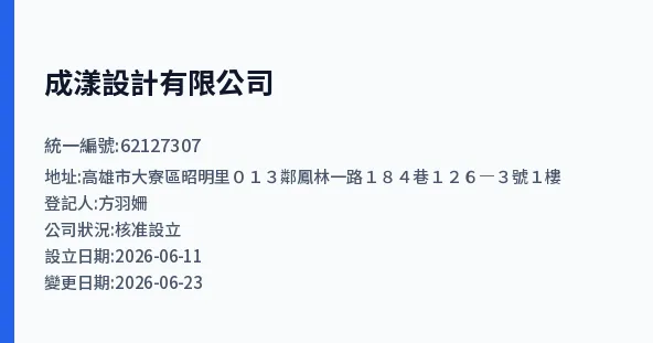 成漾設計有限公司的照片-統編 62127307(高雄市) 公司登記資料與營業項目詳細圖表