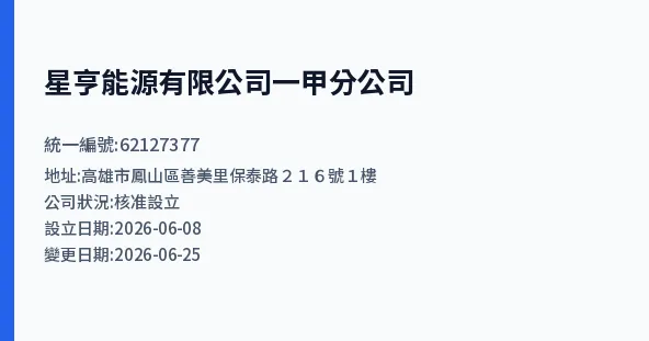 星亨能源有限公司一甲分公司的照片-統編 62127377(高雄市) 公司登記資料與營業項目詳細圖表