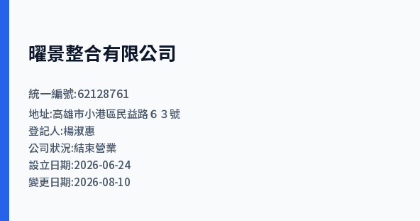 曜景整合有限公司的照片-統編 62128761(高雄市) 公司登記資料與營業項目詳細圖表