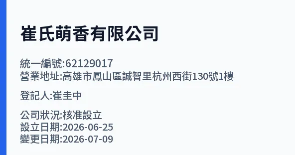 崔氏萌香有限公司的照片-統編 62129017(高雄市) 公司登記資料與營業項目詳細圖表