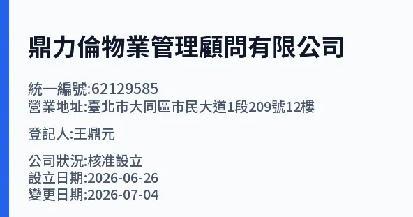 鼎力倫物業管理顧問有限公司的照片-統編 62129585(臺北市) 公司登記資料與營業項目詳細圖表