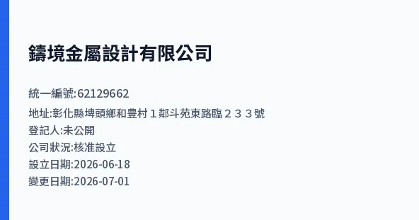鑄境金屬設計有限公司的照片-統編 62129662(彰化縣) 公司登記資料與營業項目詳細圖表