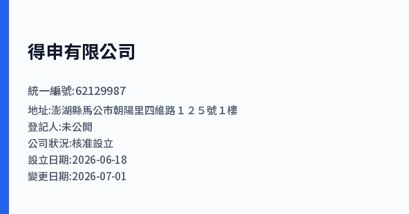 得申有限公司的照片-統編 62129987(澎湖縣) 公司登記資料與營業項目詳細圖表