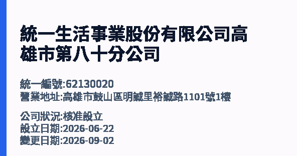 統一生活事業股份有限公司高雄市第八十分公司的照片-統編 62130020 公司登記資料與營業項目詳細圖表