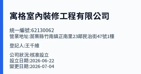 寓格室內裝修工程有限公司的照片-統編 62130062(苗栗縣) 公司登記資料與營業項目詳細圖表