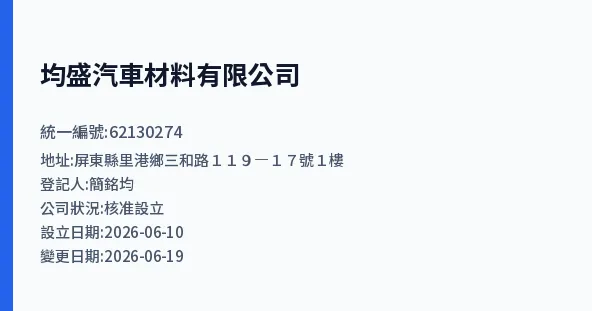 均盛汽車材料有限公司的照片-統編 62130274(屏東縣) 公司登記資料與營業項目詳細圖表