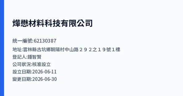 燁懋材料科技有限公司的照片-統編 62130387(雲林縣) 公司登記資料與營業項目詳細圖表
