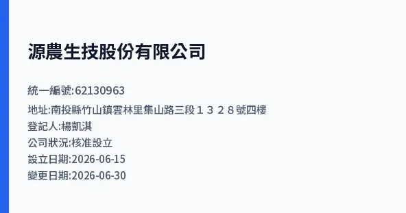 源農生技股份有限公司的照片-統編 62130963(南投縣) 公司登記資料與營業項目詳細圖表