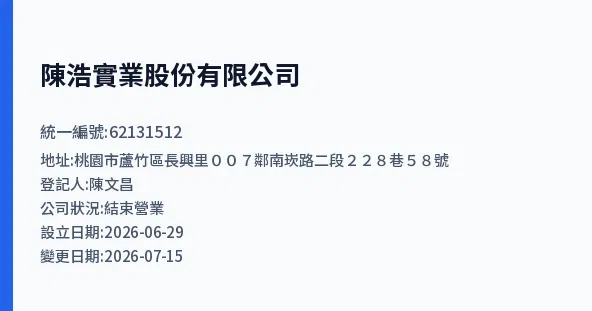 陳浩實業股份有限公司的照片-統編 62131512(桃園市) 公司登記資料與營業項目詳細圖表