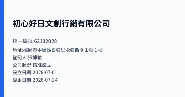 初心好日文創行銷有限公司的照片-統編 62132028(桃園市) 公司登記資料與營業項目詳細圖表