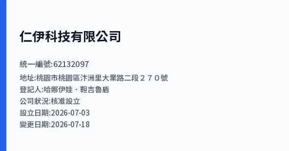 仁伊科技有限公司的照片-統編 62132097(桃園市) 公司登記資料與營業項目詳細圖表