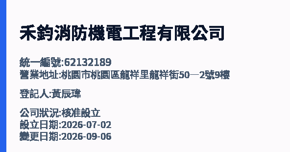 禾鈞消防機電工程有限公司的照片-統編 62132189(桃園市) 公司登記資料與營業項目詳細圖表