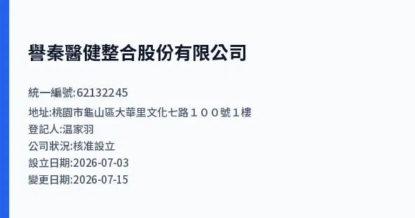 譽秦醫健整合股份有限公司的照片-統編 62132245(桃園市) 公司登記資料與營業項目詳細圖表