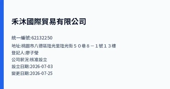 禾沐國際貿易有限公司的照片-統編 62132250(桃園市) 公司登記資料與營業項目詳細圖表