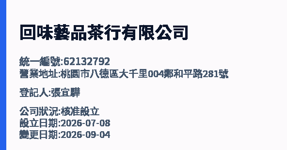 回味藝品茶行有限公司的照片-統編 62132792(桃園市) 公司登記資料與營業項目詳細圖表
