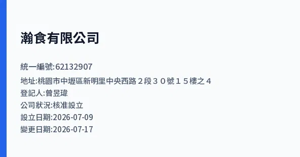 瀚食有限公司的照片-統編 62132907(桃園市) 公司登記資料與營業項目詳細圖表