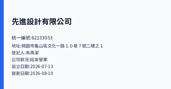 先進設計有限公司的照片-統編 62133053(桃園市) 公司登記資料與營業項目詳細圖表