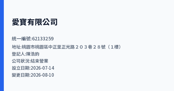 愛寶有限公司的照片-統編 62133259(桃園市) 公司登記資料與營業項目詳細圖表