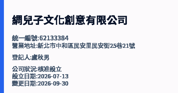 綢兒子文化創意有限公司的照片-統編 62133384(新北市) 公司登記資料與營業項目詳細圖表
