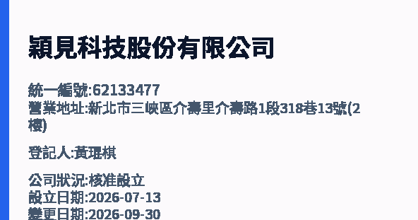 穎見科技股份有限公司的照片-統編 62133477(新北市) 公司登記資料與營業項目詳細圖表