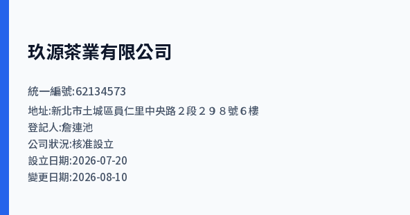 玖源茶業有限公司的照片-統編 62134573(新北市) 公司登記資料與營業項目詳細圖表