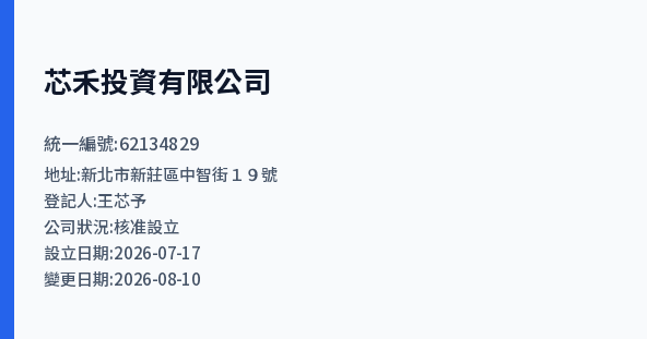 芯禾投資有限公司的照片-統編 62134829(新北市) 公司登記資料與營業項目詳細圖表