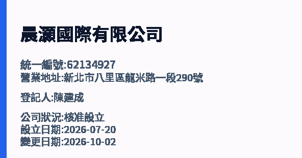 晨灝國際有限公司的照片-統編 62134927(新北市) 公司登記資料與營業項目詳細圖表