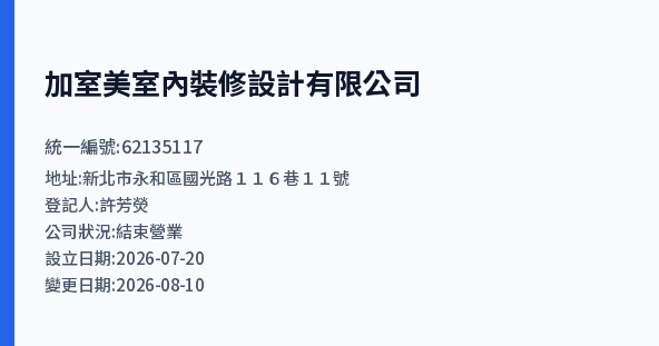 加室美室內裝修設計有限公司的照片-統編 62135117(新北市) 公司登記資料與營業項目詳細圖表
