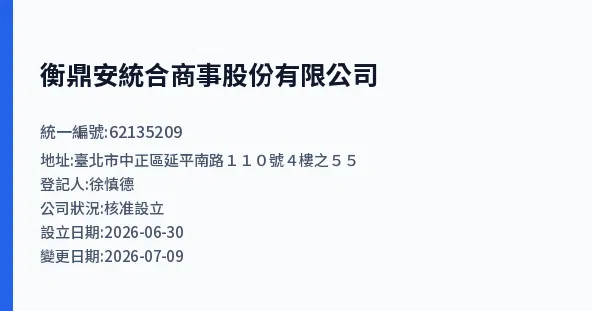 衡鼎安統合商事股份有限公司的照片-統編 62135209(臺北市) 公司登記資料與營業項目詳細圖表