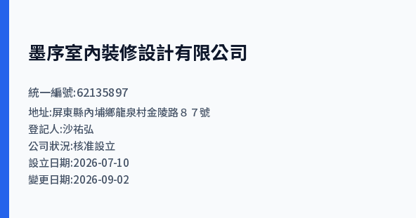 墨序室內裝修設計有限公司的照片-統編 62135897 公司登記資料與營業項目詳細圖表