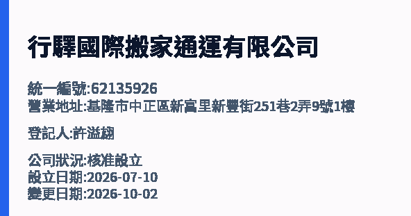 行驛國際搬家通運有限公司的照片-統編 62135926(基隆市) 公司登記資料與營業項目詳細圖表