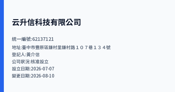 云升信科技有限公司的照片-統編 62137121(臺中市) 公司登記資料與營業項目詳細圖表