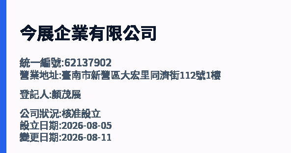 今展企業有限公司的照片-統編 62137902(臺南市) 公司登記資料與營業項目詳細圖表