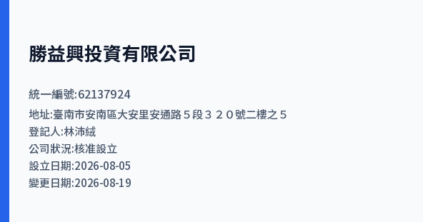 勝益興投資有限公司的照片-統編 62137924(臺南市) 公司登記資料與營業項目詳細圖表