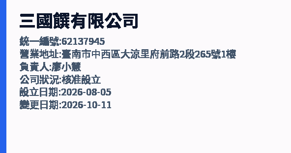 三國饌有限公司的照片-統編 62137945(臺南市) 公司登記資料與營業項目詳細圖表