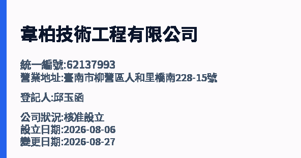 韋柏技術工程有限公司的照片-統編 62137993(臺南市) 公司登記資料與營業項目詳細圖表