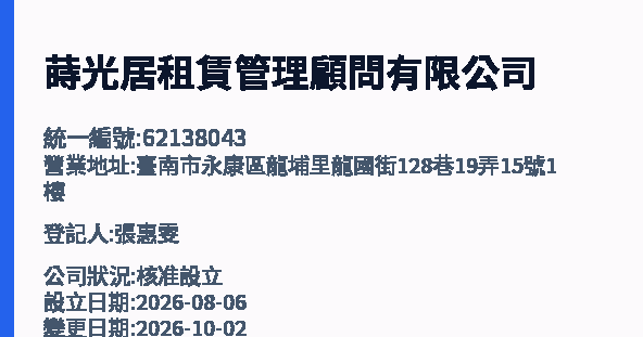 蒔光居租賃管理顧問有限公司的照片-統編 62138043(臺南市) 公司登記資料與營業項目詳細圖表