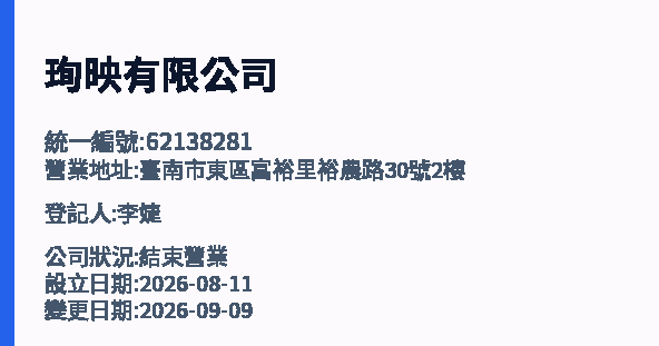 珣映有限公司的照片-統編 62138281(臺南市) 公司登記資料與營業項目詳細圖表