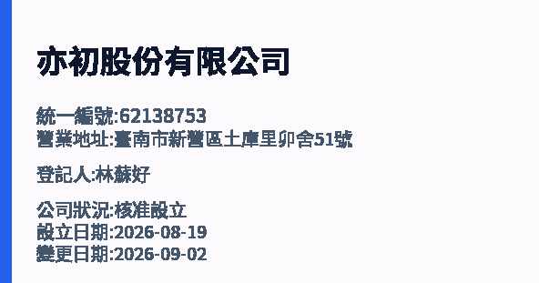 亦初股份有限公司的照片-統編 62138753(臺南市) 公司登記資料與營業項目詳細圖表