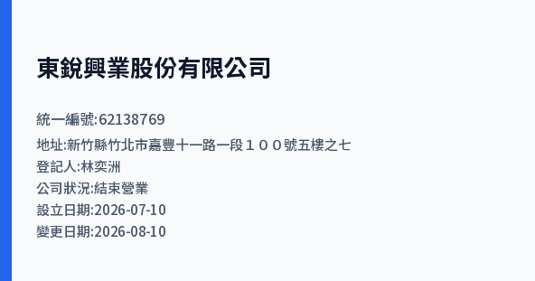 東銳興業股份有限公司的照片-統編 62138769(新竹縣) 公司登記資料與營業項目詳細圖表
