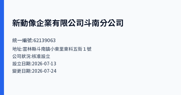 新動像企業有限公司斗南分公司的照片-統編 62139063(雲林縣) 公司登記資料與營業項目詳細圖表