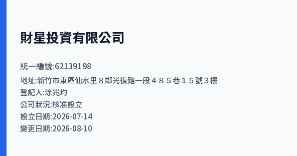 財星投資有限公司的照片-統編 62139198(新竹市) 公司登記資料與營業項目詳細圖表