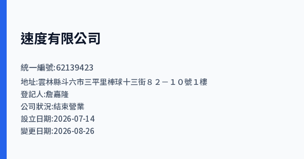 速度有限公司的照片-統編 62139423(雲林縣) 公司登記資料與營業項目詳細圖表