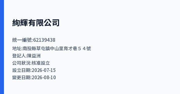絢輝有限公司的照片-統編 62139438(南投縣) 公司登記資料與營業項目詳細圖表