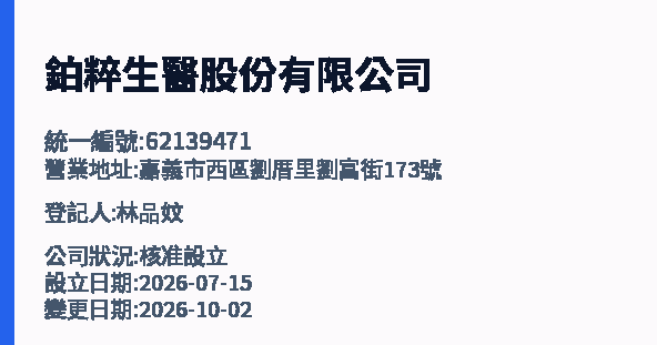 鉑粹生醫股份有限公司的照片-統編 62139471(嘉義市) 公司登記資料與營業項目詳細圖表