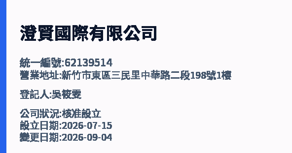 澄賢國際有限公司的照片-統編 62139514 公司登記資料與營業項目詳細圖表