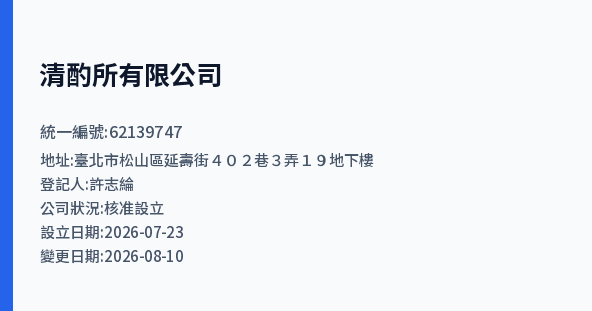 清酌所有限公司的照片-統編 62139747(臺北市) 公司登記資料與營業項目詳細圖表