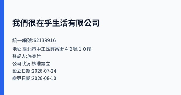 我們很在乎生活有限公司的照片-統編 62139916(臺北市) 公司登記資料與營業項目詳細圖表