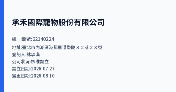 承禾國際寵物股份有限公司的照片-統編 62140224(臺北市) 公司登記資料與營業項目詳細圖表